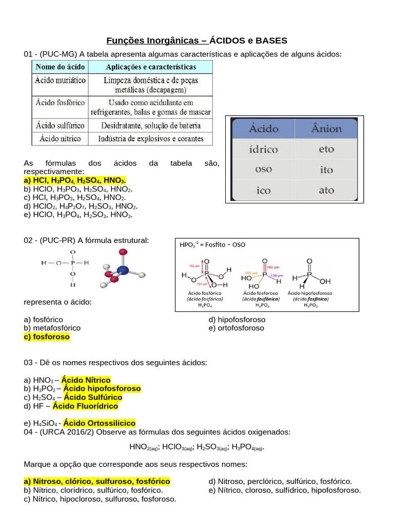 Funções Inorgânicas - Ácidos e Bases - Exercícios - Gabarito | PDF ...