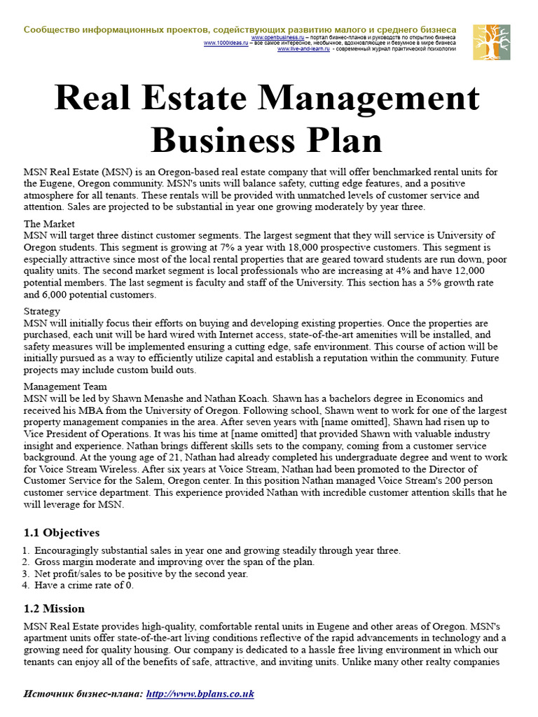 Real Estate Management Business Plan | PDF | Balance Sheet | Gross Margin