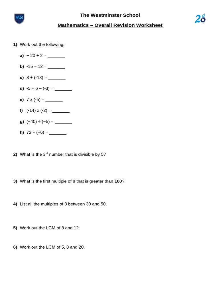 Westminster School Math Revision Worksheet | PDF