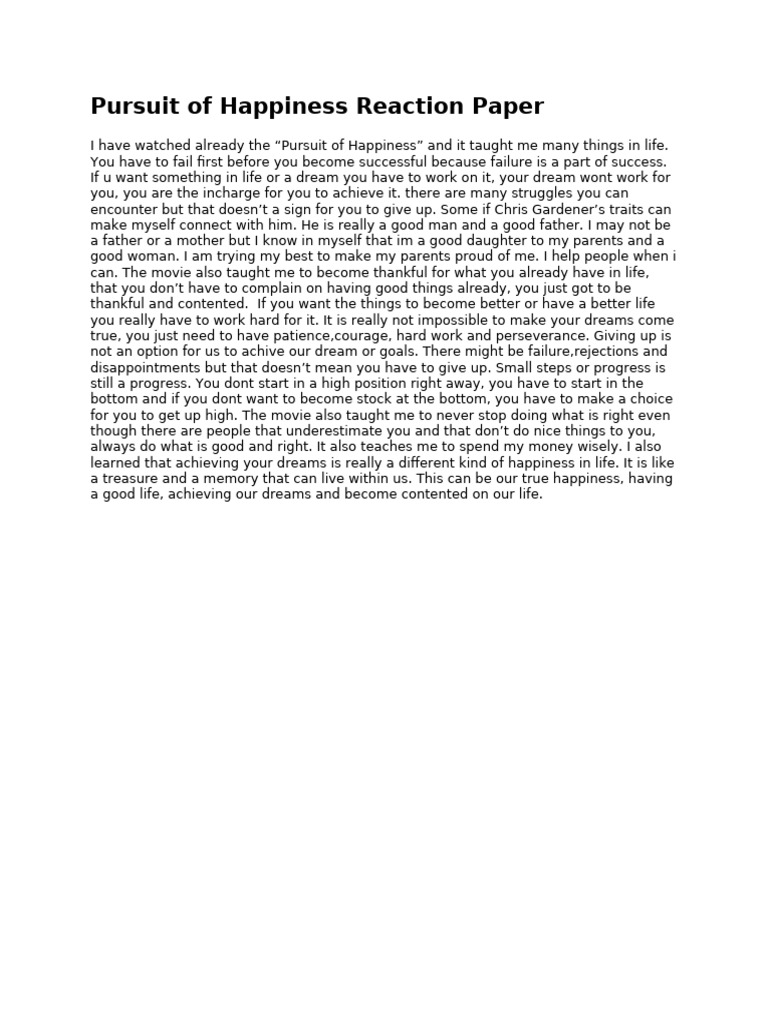 Pursuit of Happiness Reaction Paper | PDF Pursuit of Happiness Reaction Paper | PDF