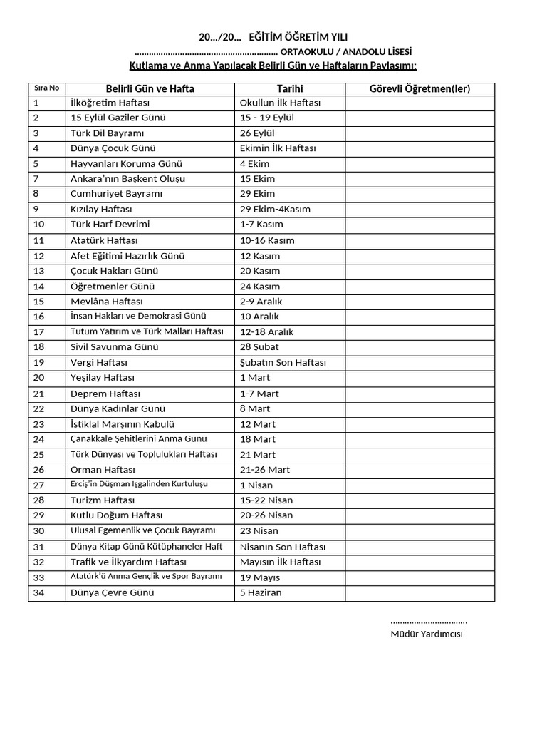 12 - Belirli Gün Ve Haftalar Çizelgesi | PDF