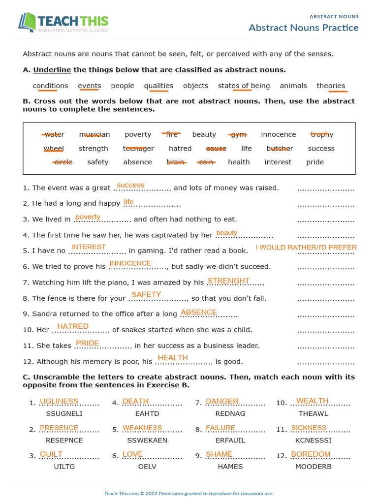 Abstract Nouns Practice - RAMI | PDF
