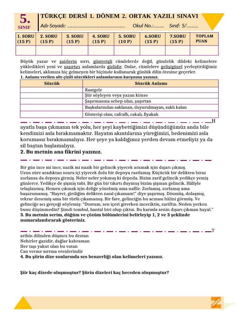 5.sinif 1. Donem 2.yazili Z Turkce Meb 2. Senaryo | PDF