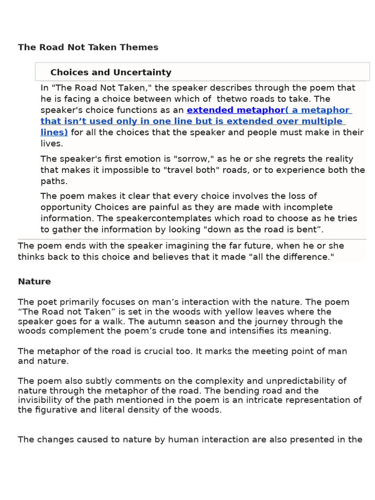 The Road Not Taken Themes | PDF | Poetry | Metaphor