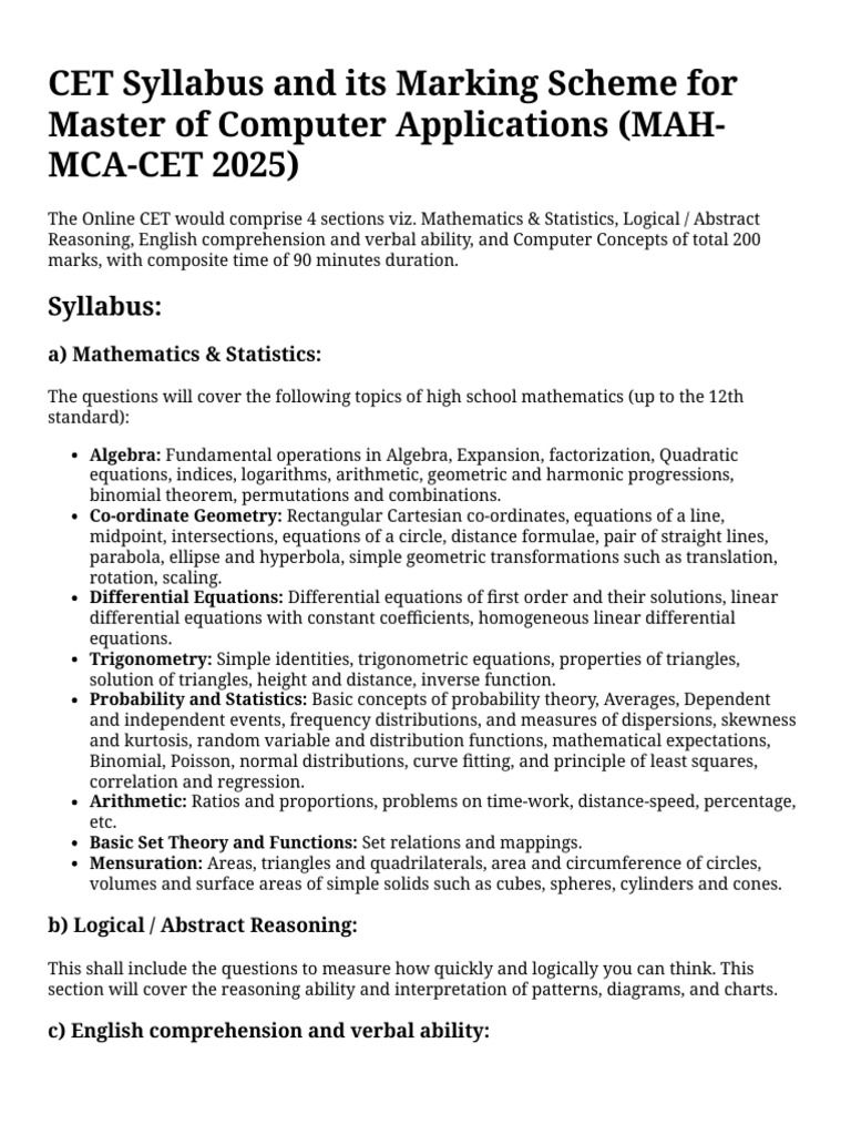 CET Syllabus and Marking Scheme For MAH-MCA-CET 2025 (E-Next - In ...