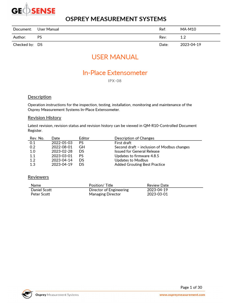 IPX 08 in Place Extensometer User Manual 1.3 | PDF | Fiberglass | Casing (Borehole)