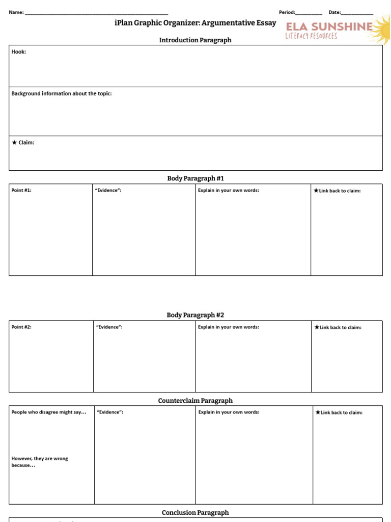 Iplan Graphic Organizer: Argumentative Essay: Introduction Paragraph | PDF