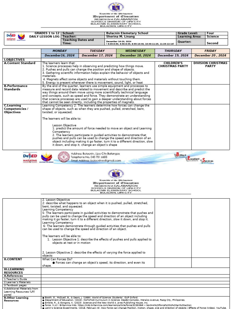 DLL - Science Q3 Week 3 | PDF | Force | Learning