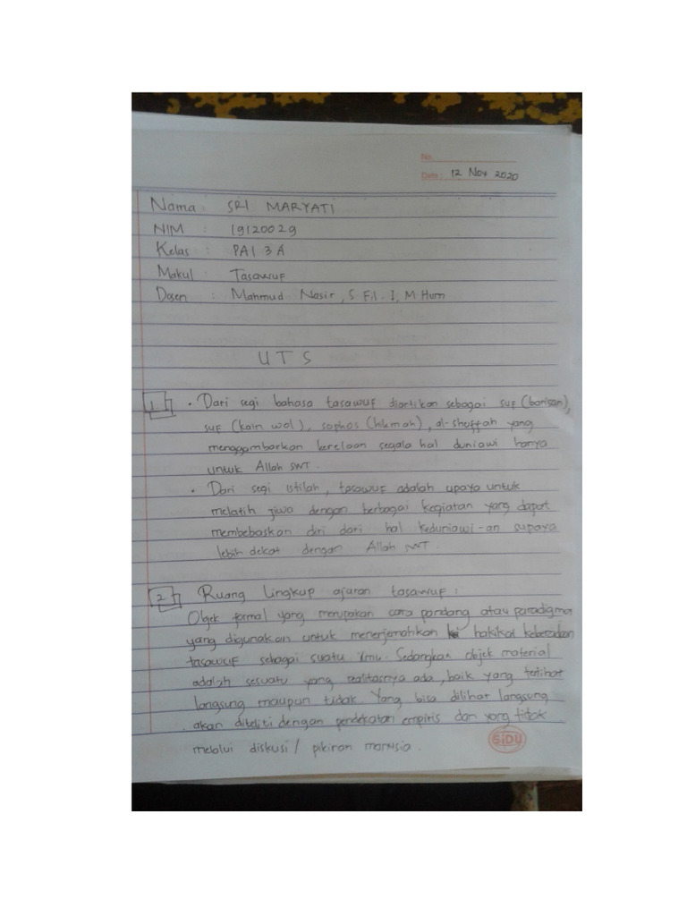 Uts Tasawuf Sri Maryati 3a | PDF