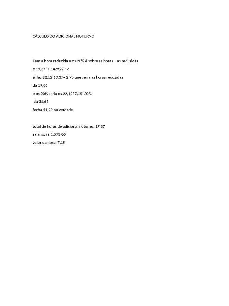Cálculo Do Adicional Noturno | PDF
