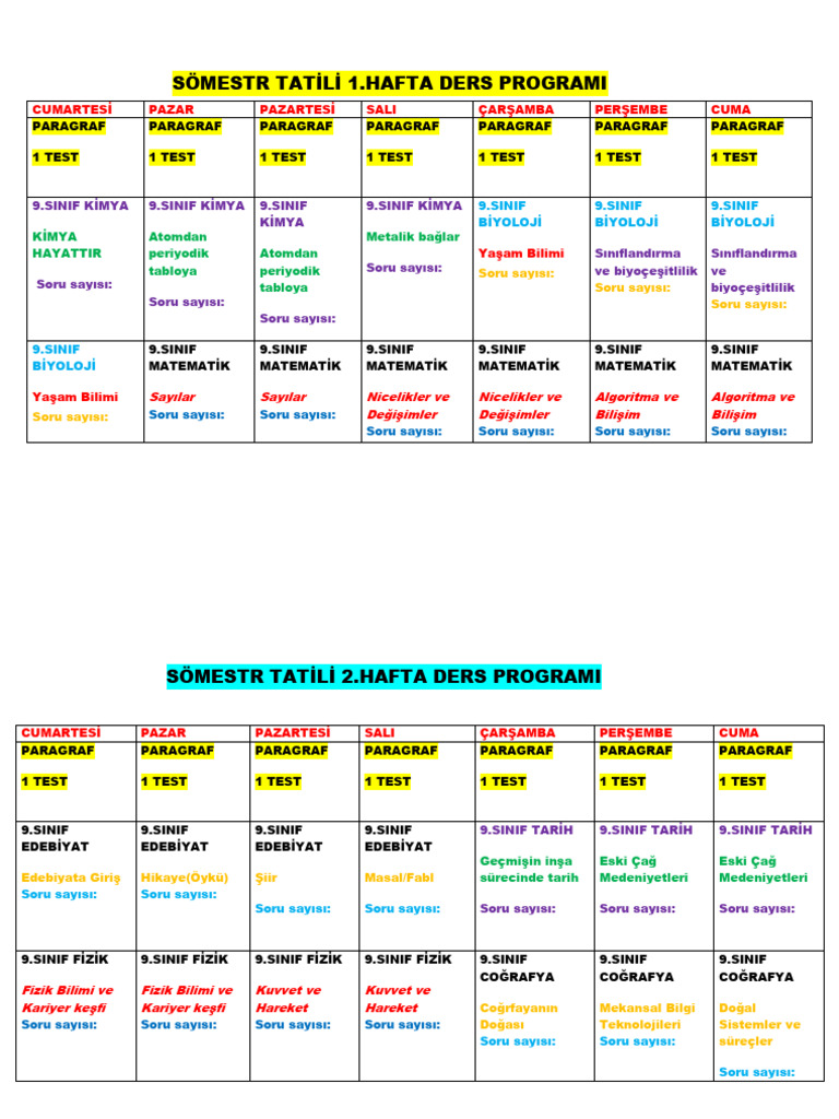 9.sinif Tati̇l Programi | PDF