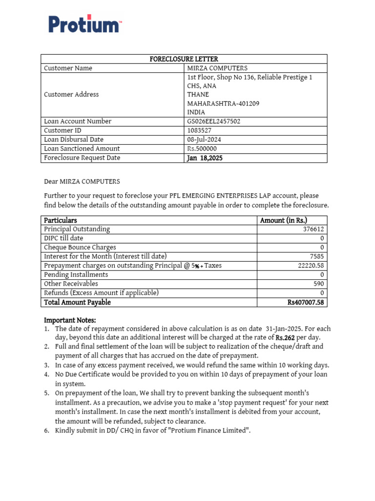 Protium Loan Foreclosure Details | PDF | Loans | Interest