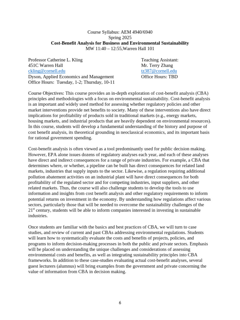 AEM 4940.6940 Syllabus. Spring 2025 | PDF | Cost–Benefit Analysis | Economies