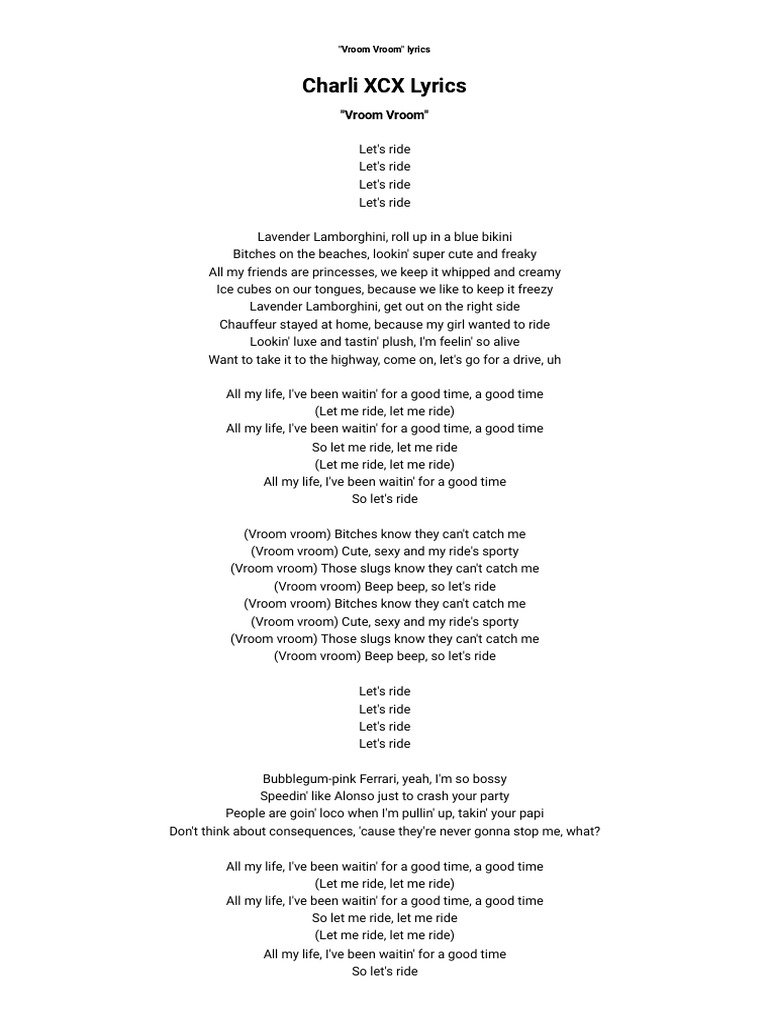 Charli XCX - Vroom Vroom Lyrics | PDF
