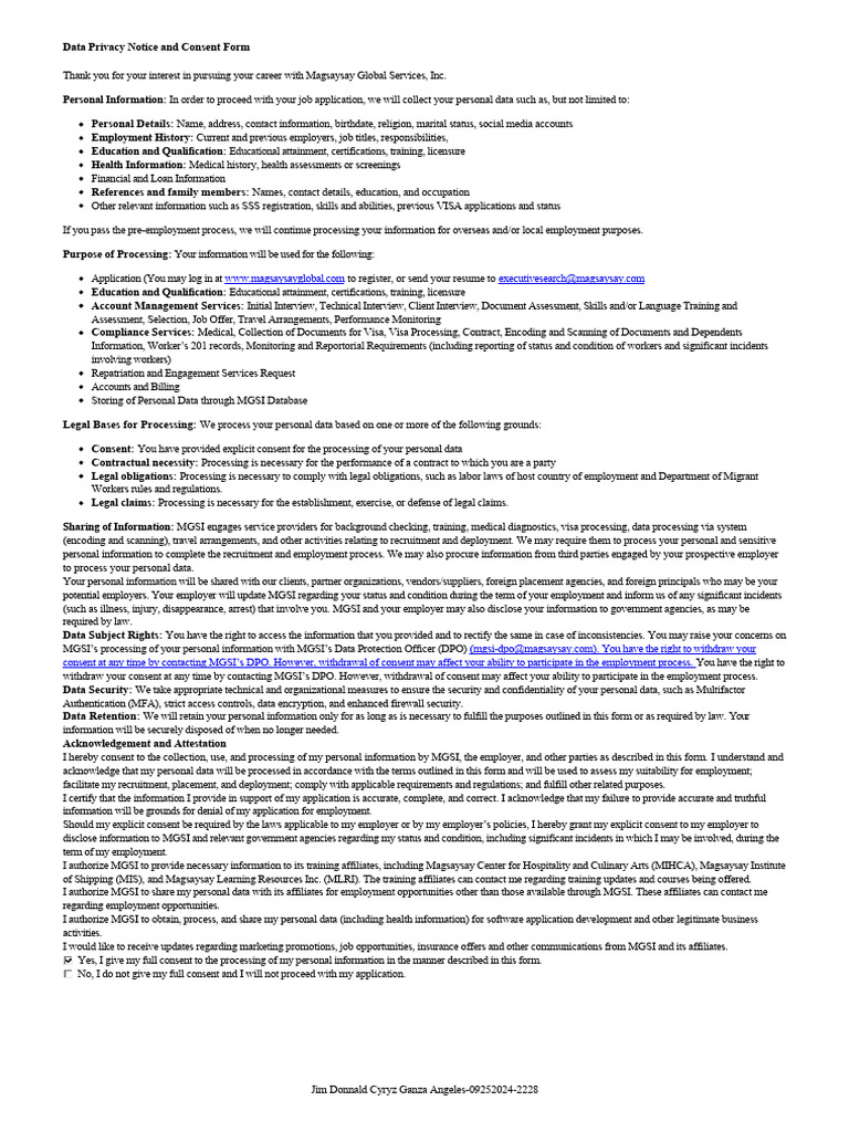 Magsaysay Data Privacy Consent Form | PDF | Employment | Consent