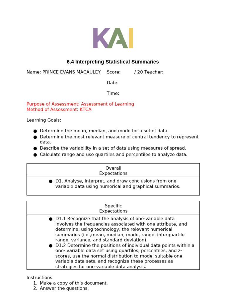 MDM4U 6.4 - Assessment (2) | PDF | Quartile | Arithmetic Mean