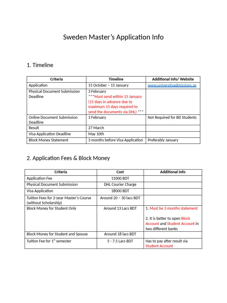 Sweden Master's Application Info | PDF