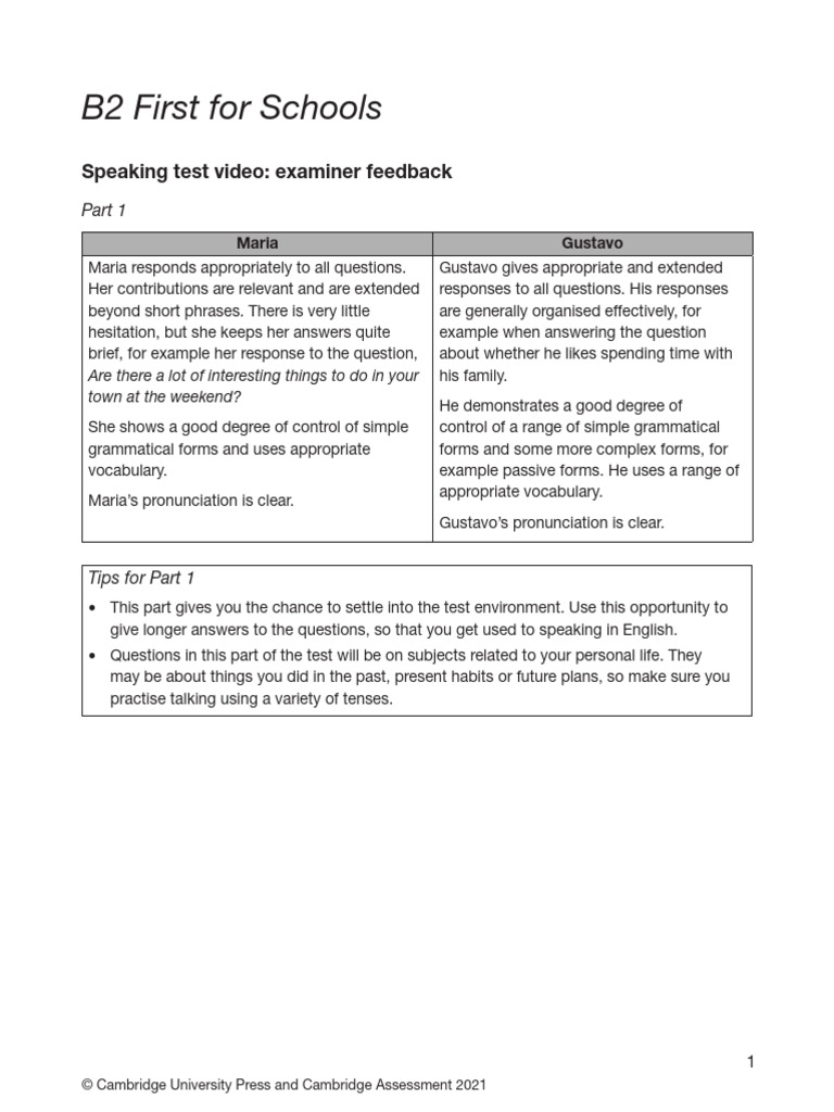 B2 First For Schools 4 Speaking Test, Examiner Feedback | PDF ...