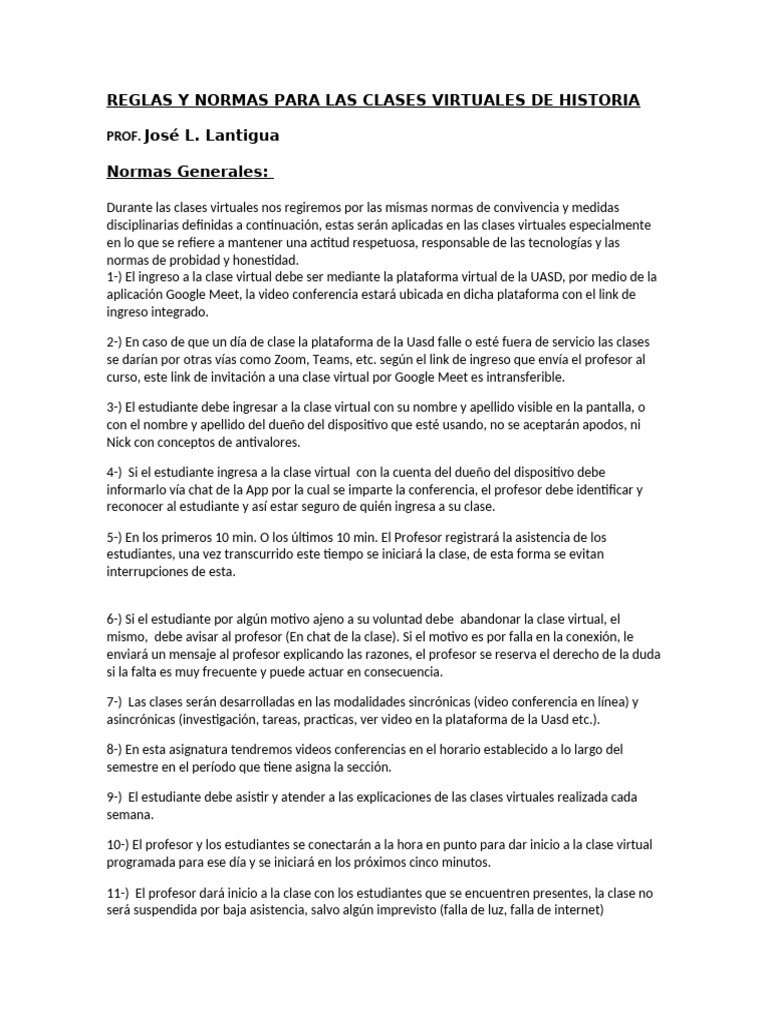 Normas Clases Virtuales Historia | PDF | Chat en linea | Maestros