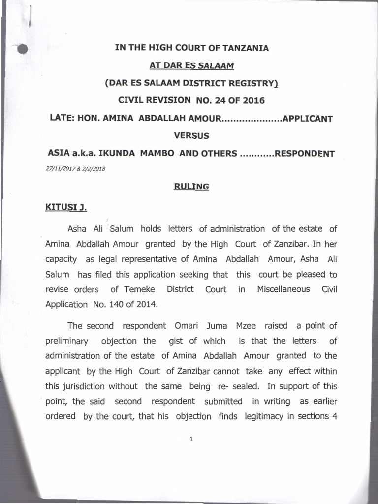 RESEALING FROM ZANZIBAR - Letter of Probate Granted in Zanzibar How Should Be Dealt in Tanzania ...