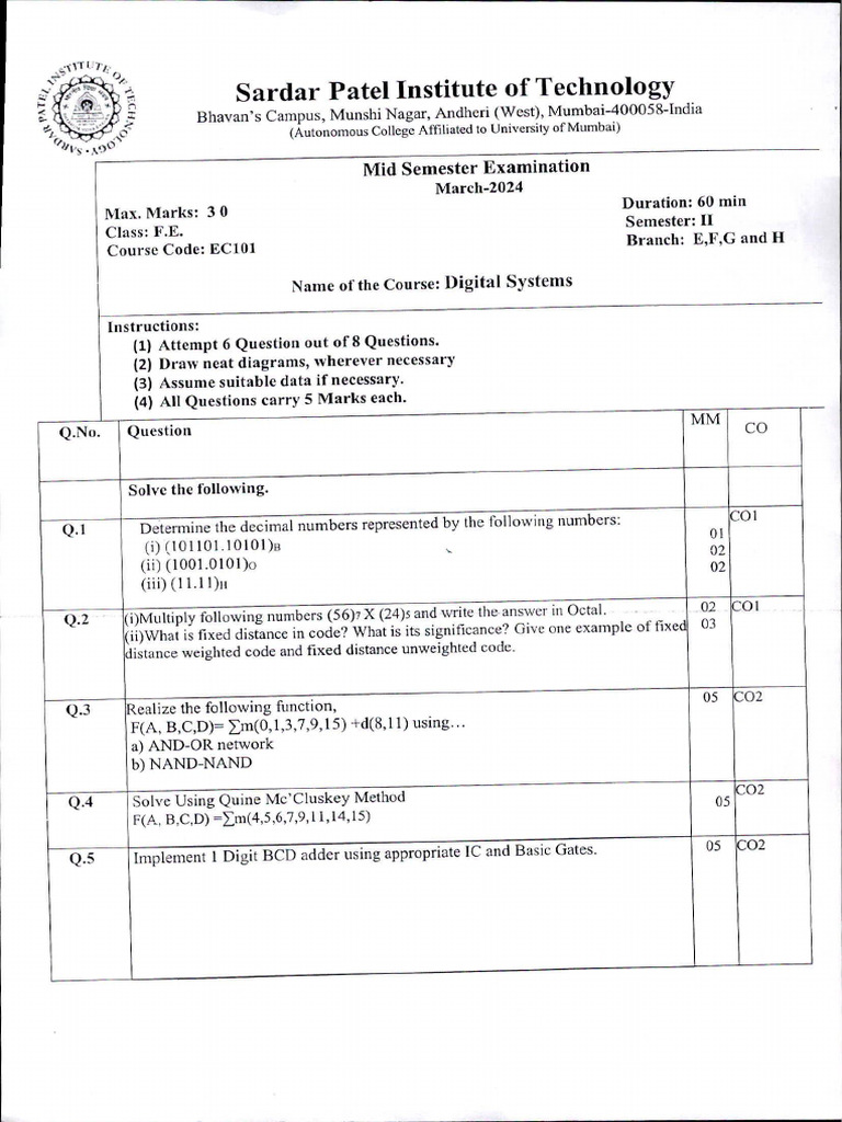 mseMARCH,2024. FE, E,F,G,H. Sem.2 COURSE, D.S | PDF | Electronic Engineering | Digital Electronics