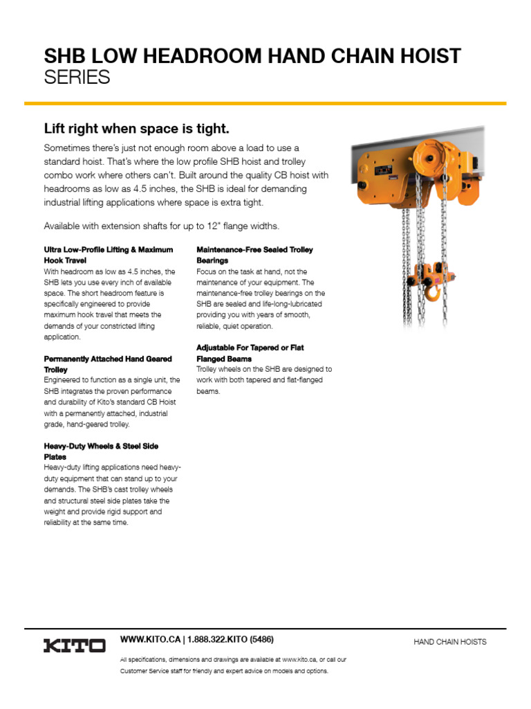KITO Canada _ SHB Low Headroom Hand Chain Hoist | PDF | Heat Treating | Bearing (Mechanical)