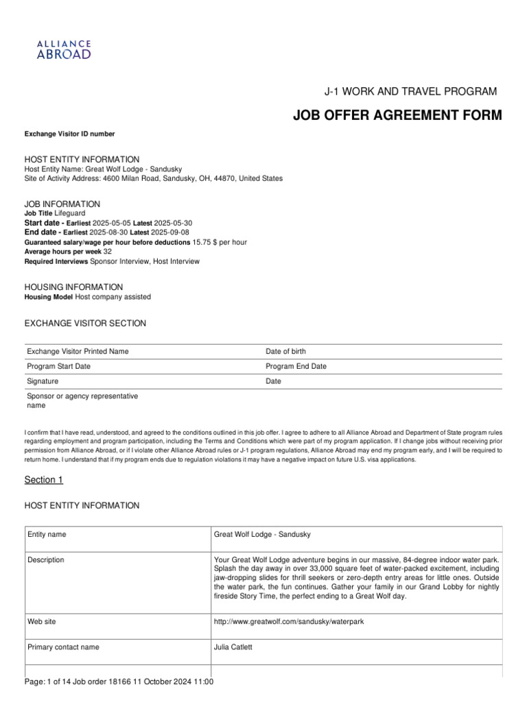 Offer Letter 18166 Great Wolf Lodge Sandusky Lifeguard | PDF | Renting ...