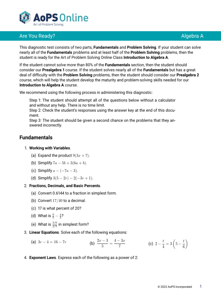 algebra-a-pretest | PDF | Square Root | Equations