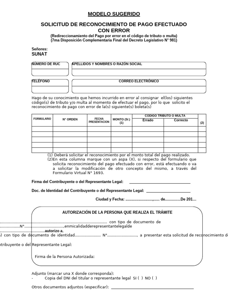 Solicitud de Reconocimiento de Pago Efectuado Con Error | PDF