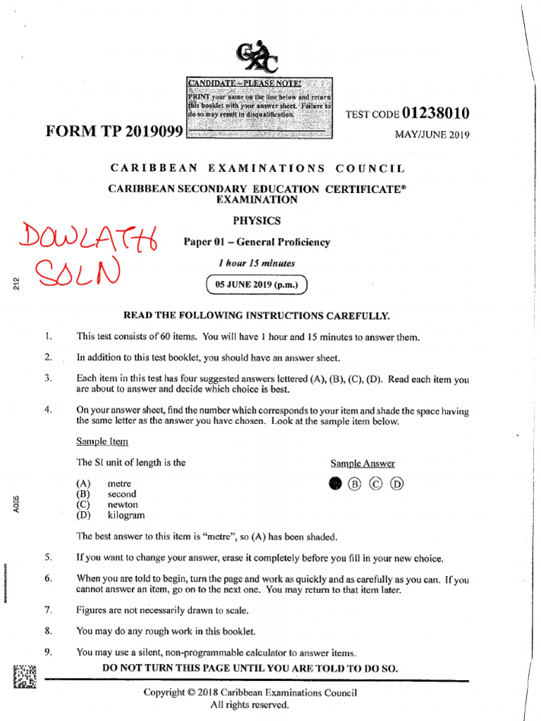 Csec Physics June 2019 p1 Soln | PDF