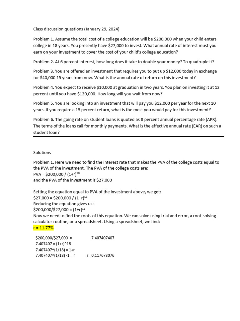 Time Value of Money (Class questions) | PDF | Annual Percentage Rate | Interest