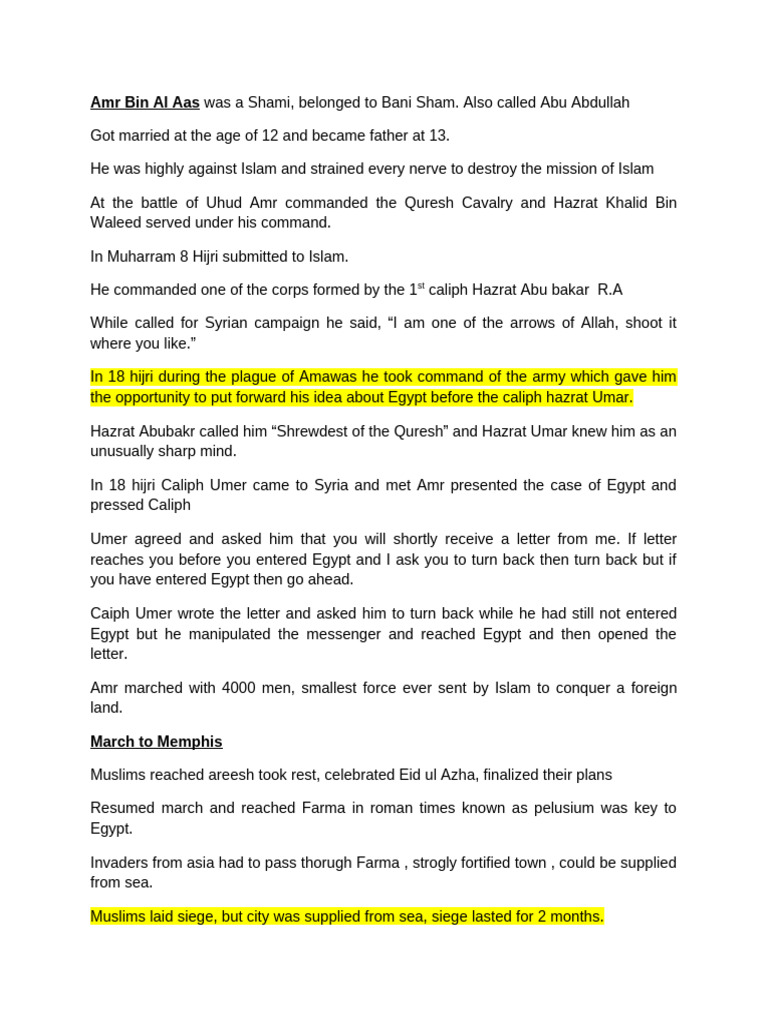 Amr Bin Al Aas: Conquest of Egypt | PDF | Umar
