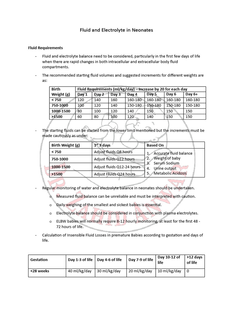Fluid and Electrolytes in Neonates - 02 | PDF | Potassium | Chemistry