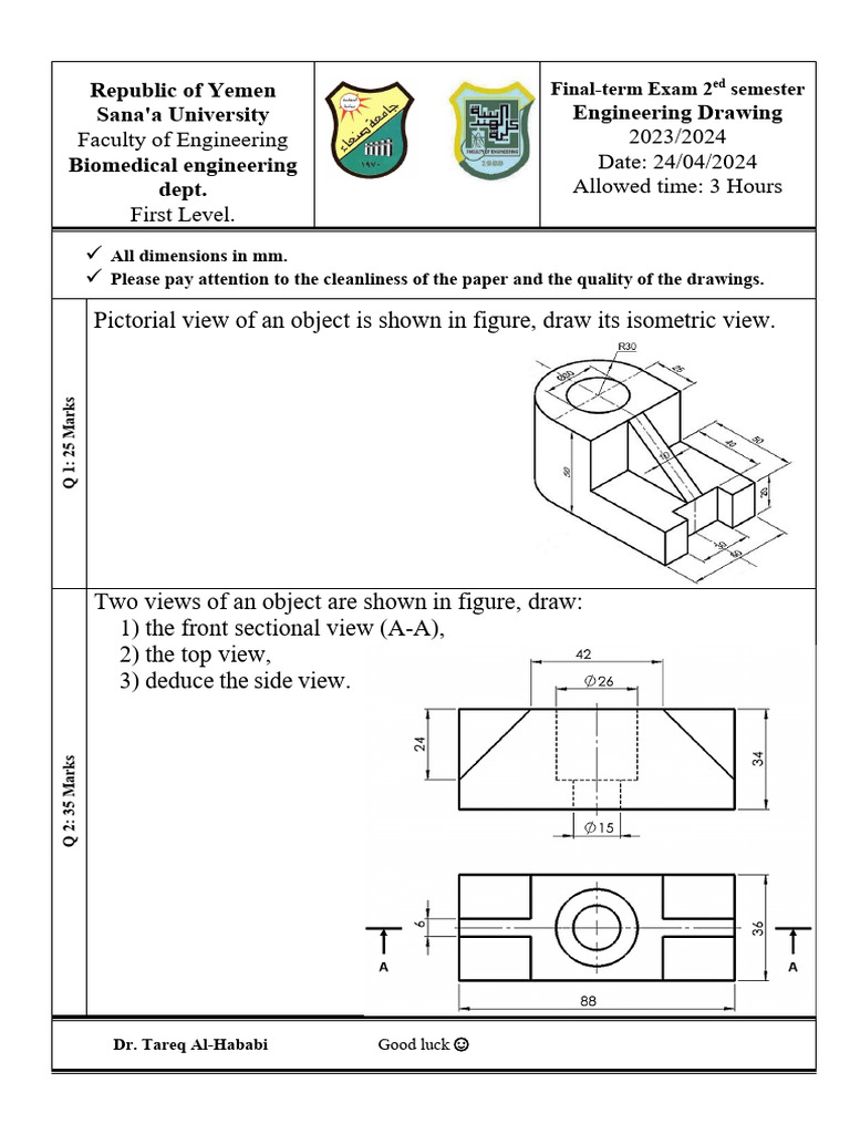 Biomedical Engineering Drawing Exam - 250202 - 205116 | PDF