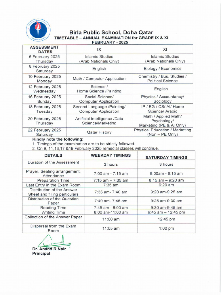 Timetable - Gr. IX XI - Annual Examination - Feb 2025 | PDF