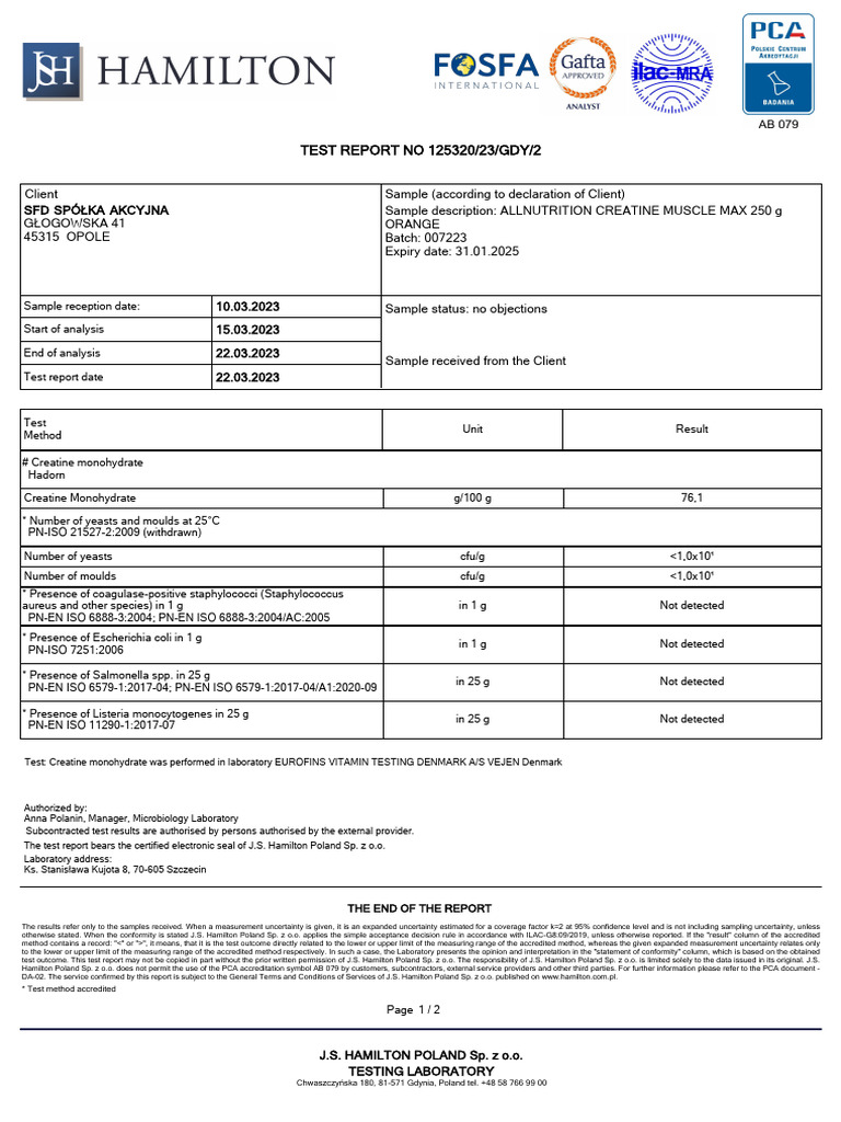 Creatine Supplement Test Report | PDF
