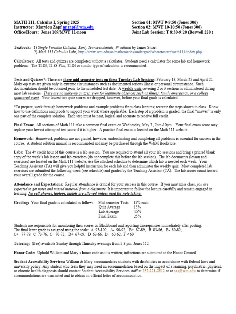 Math 111 Syllabus: Spring 2025 | PDF | Homework | Teaching Assistant