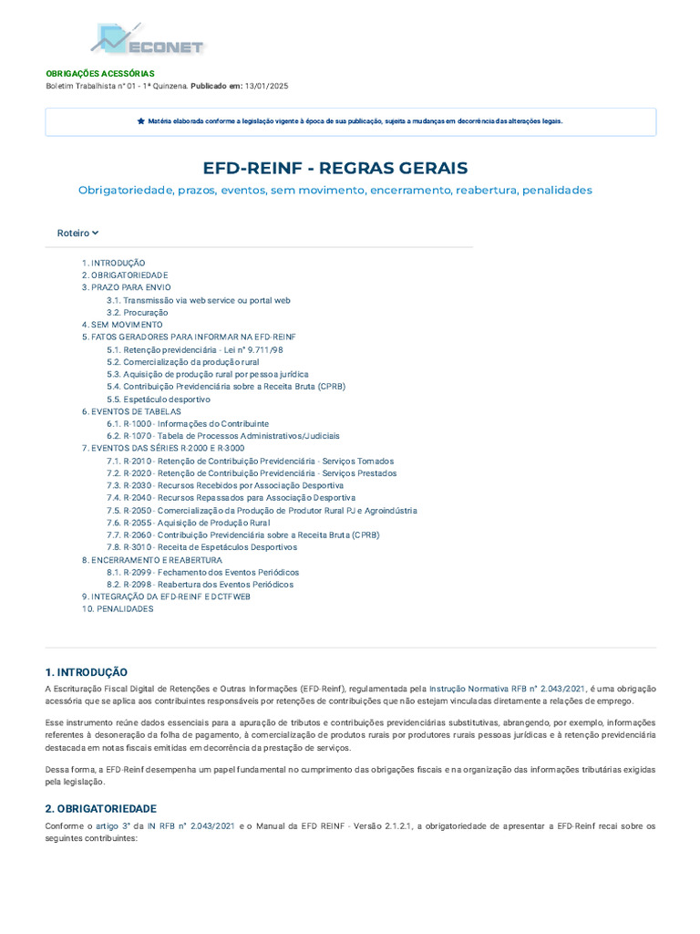EFD-REINF - REGRAS GERAIS Obrigatoriedade, Prazos, Eventos, Sem Movimento, Encerramento ...