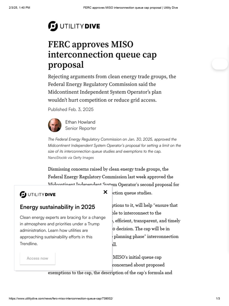 FERC approves MISO interconnection queue cap proposal _ Utility Dive ...