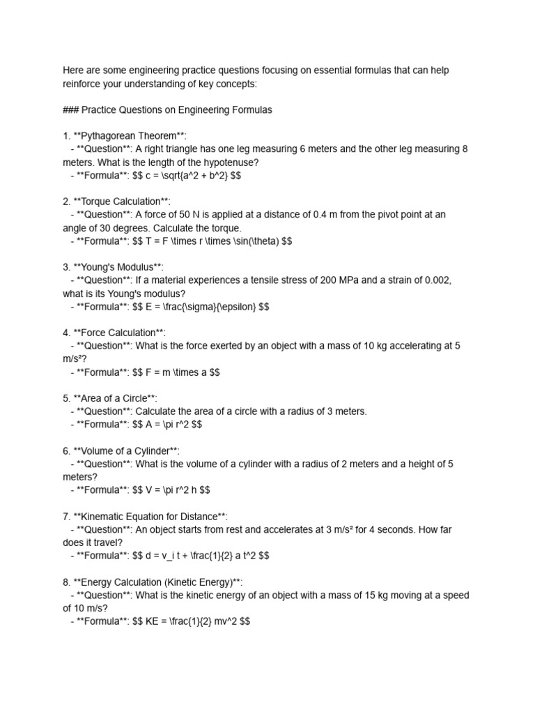 actice Questions on Engineering Formul | PDF | Young's Modulus | Mechanics