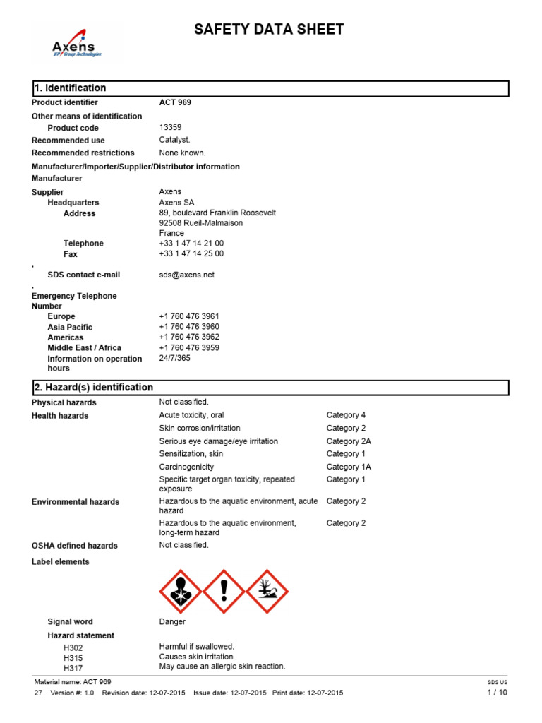 Act 969 Sds Us Pdf Dangerous Goods Toxicity