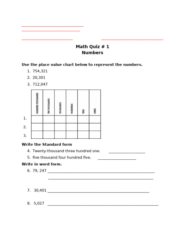 Standard 3 Quiz Numbers | PDF