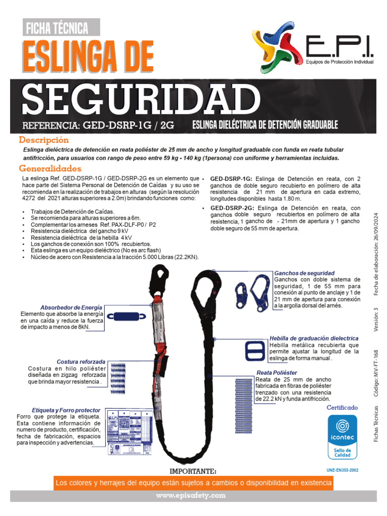 FICHA TECNICA ESLINGA DIELECTRICA MARCA EPI - GED-DSRP-1G_2G | PDF | Materiales