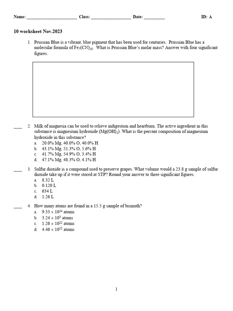 Grade 10 Chemistry Worksheet 1 Nov.2023 | PDF | Mole (Unit) | Magnesium