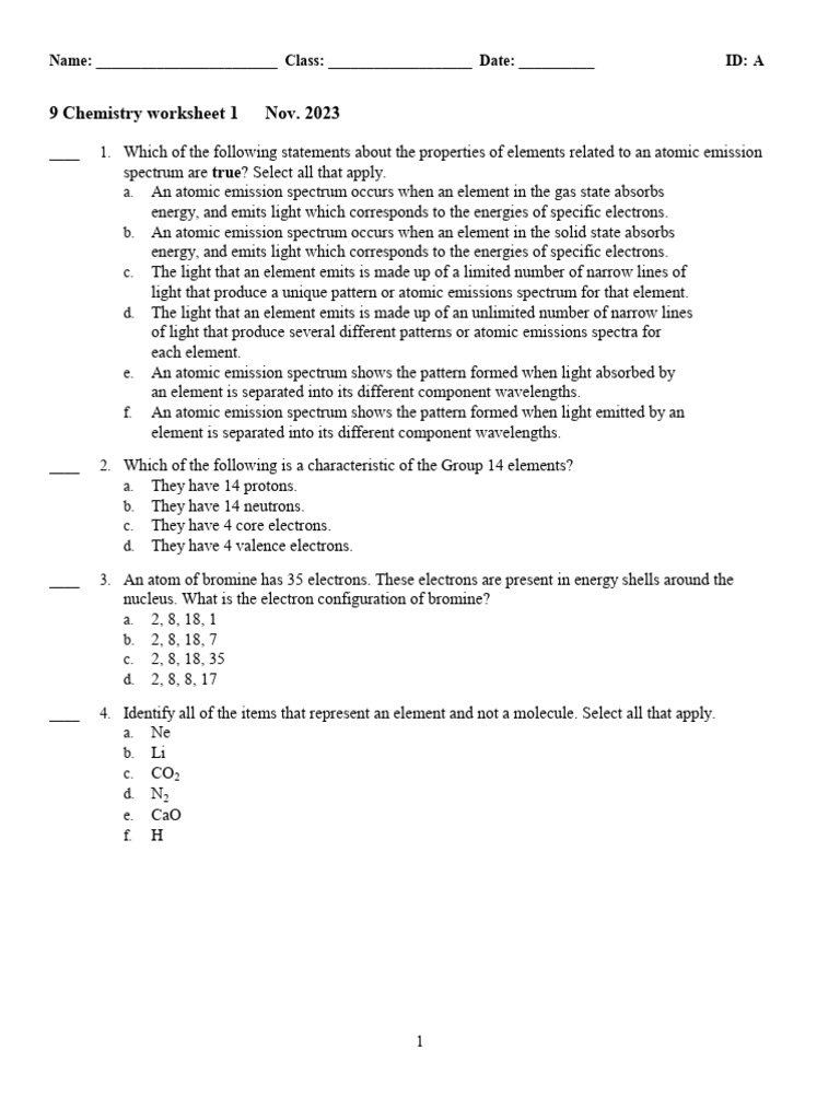 Grade 9 Chemistry Worksheet 1 Nov.2023 | PDF | Emission Spectrum | Spectral Line