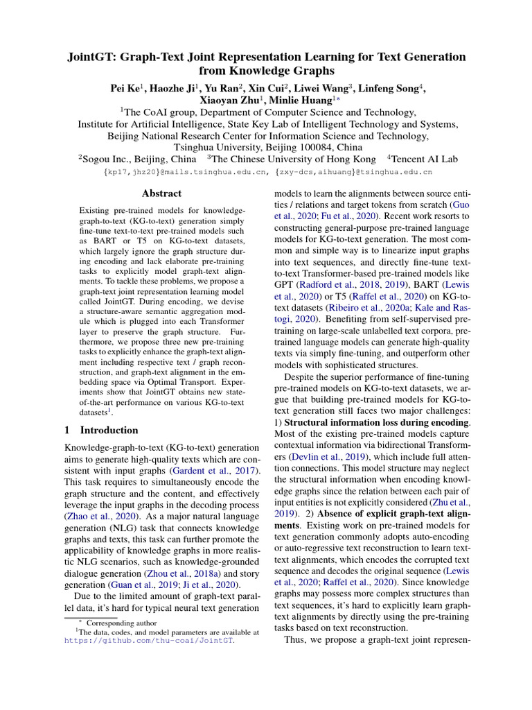 Ke, P., et al. (2021). Jointgt - Graph-text joint representation learning for text generation ...