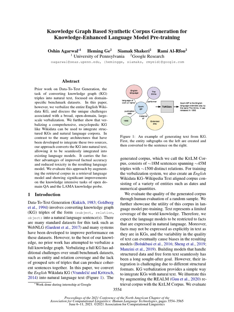 Agarwal, O., et al. (2020). Knowledge graph based synthetic corpus generation for knowledge ...
