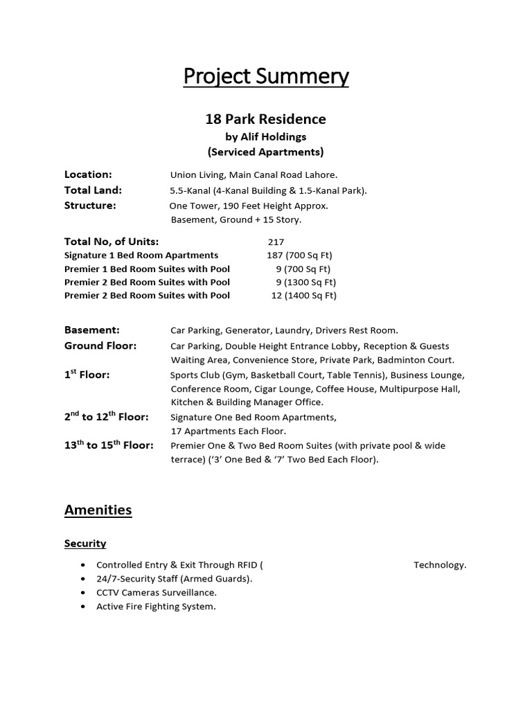 Project Summery - 18 Park Residence | PDF | Apartment | Room