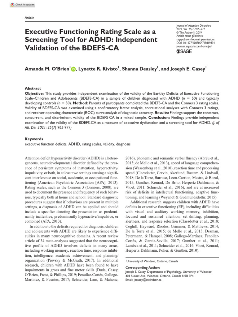 O Brien Et Al 2019 Executive Functioning Rating Scale As A Screening Tool For Adhd Independent ...