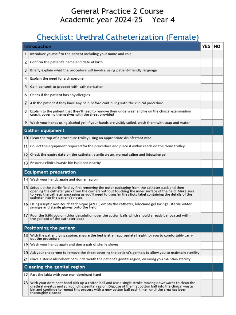 Urinary Catheterisation Female Checklist | PDF | Catheter | Clinical ...